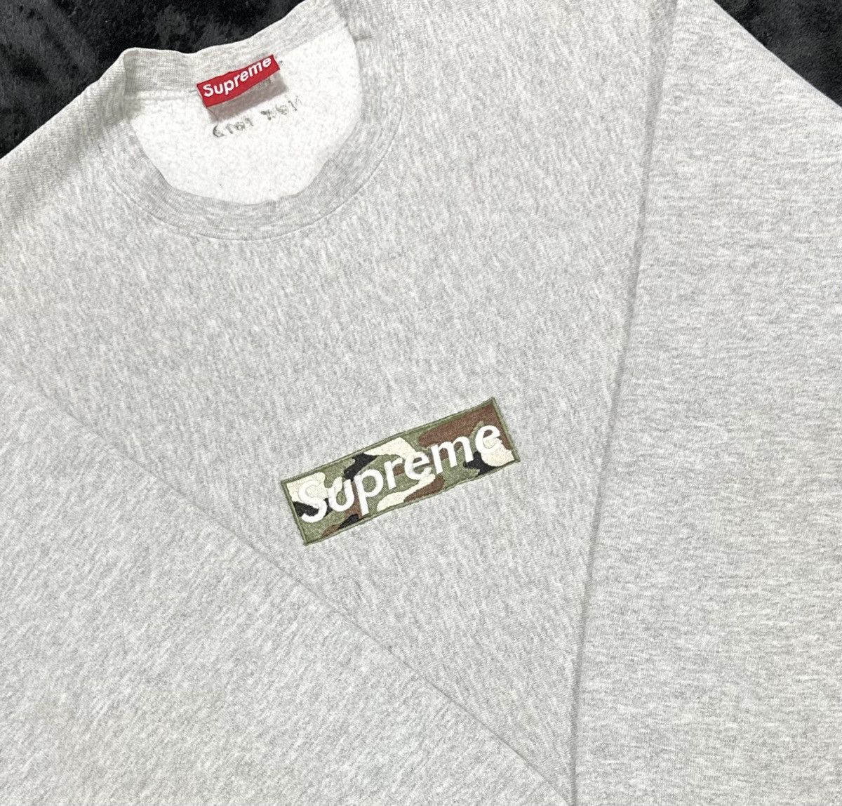 Supreme 1995 Supreme 1st Anniversary Camo / Grey Box Logo Crewneck ...
