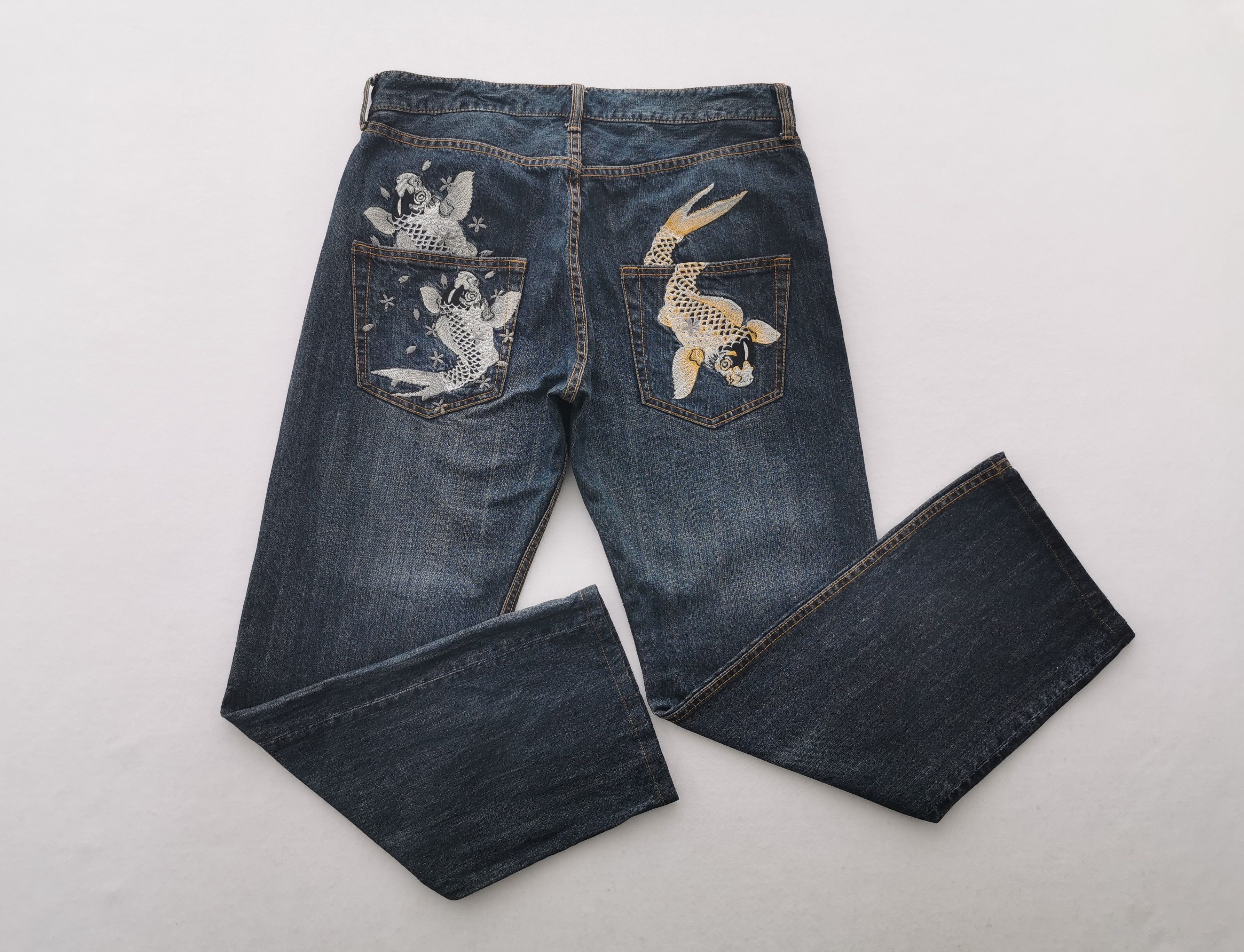 Japanese Brand Vintage Embroidered Koi Denim Jeans Japanese Brand Size ...