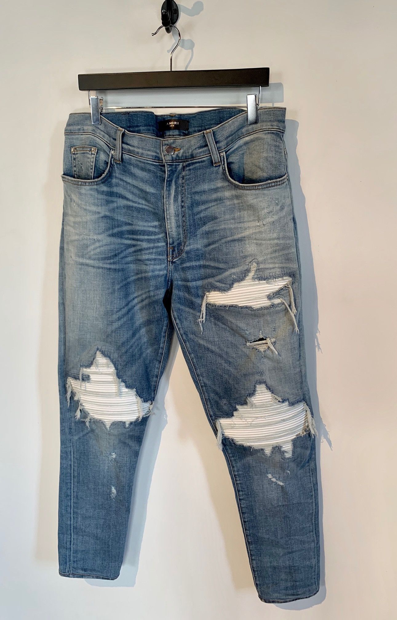 Amiri Amiri MXI Blue Ripped Knee Patches Jeans | Grailed