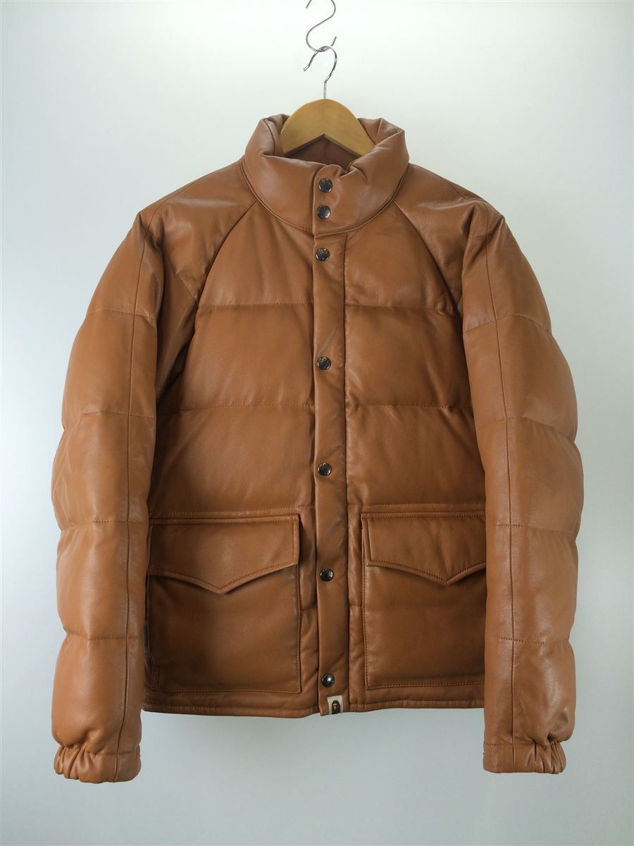 Bape Leather jacket Brown Down zip up plain long sleeve | Grailed