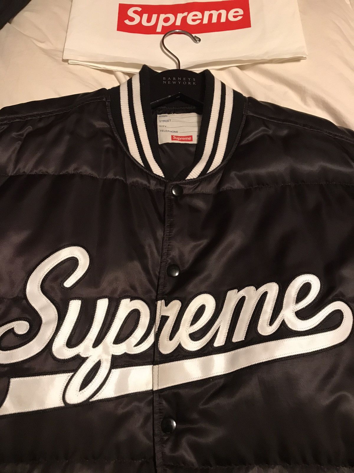 Supreme Supreme Varsity Script Puffy Jacket Black | Grailed