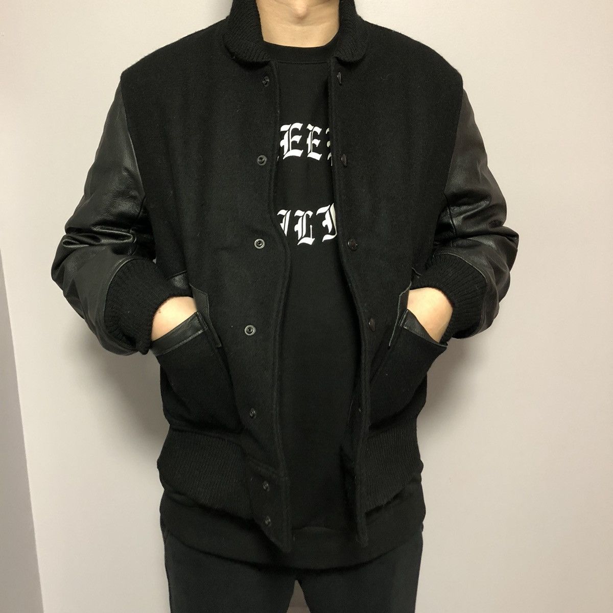 Engineered Garments Bomber wool with leather sleeves | Grailed