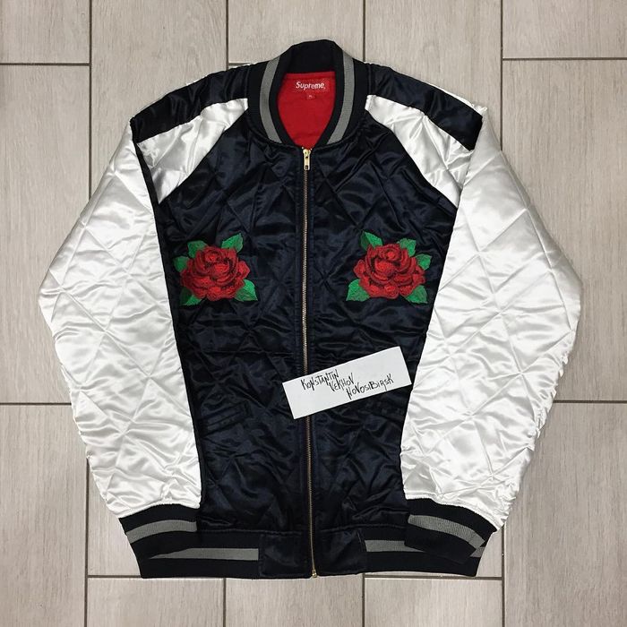 Supreme FW13 Supreme Quilted Satin Rose Bomber Navy White | Grailed