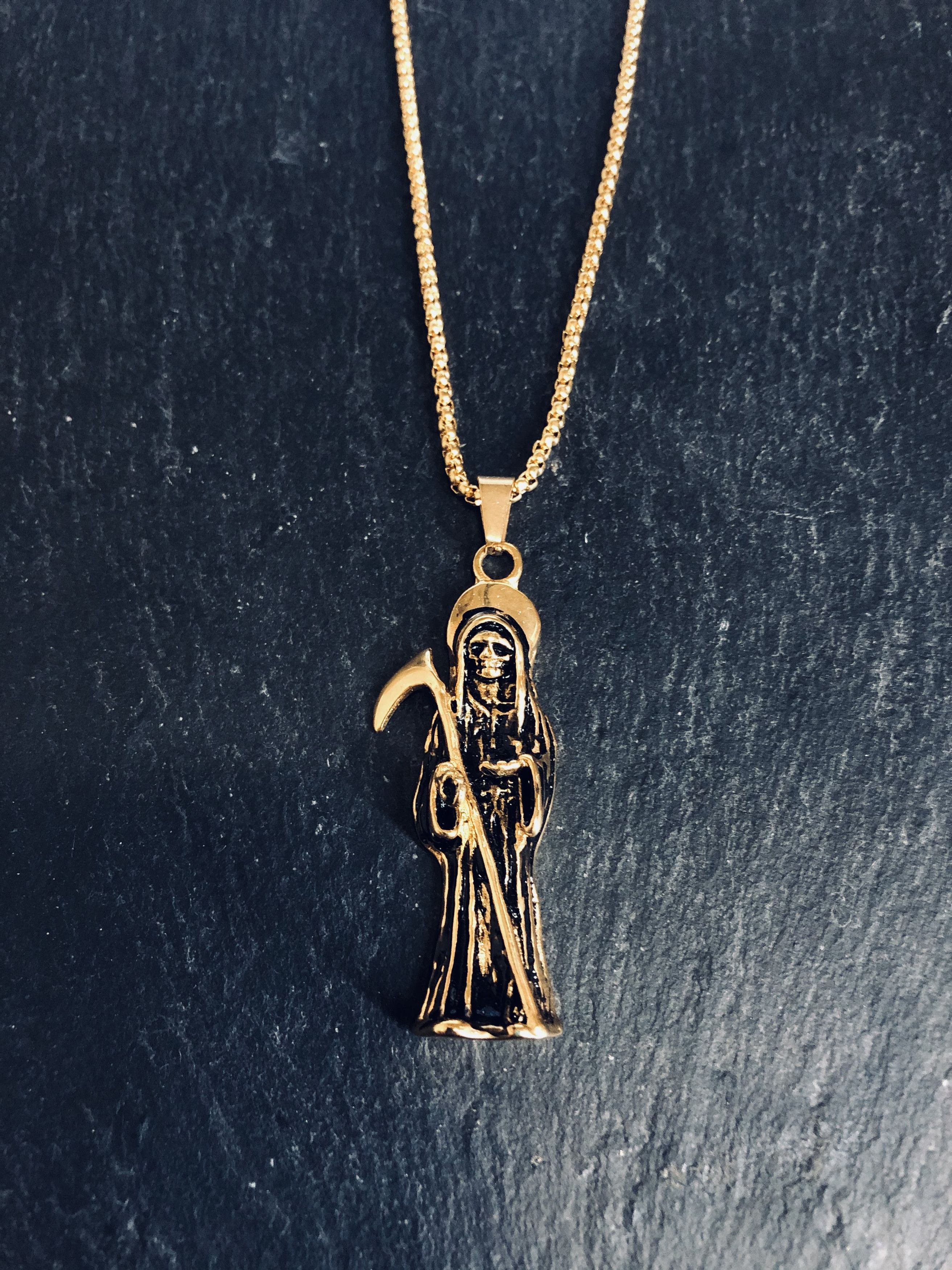 Gold Chain × Jewelry × Vintage Gold grim Reaper skull Pendant Necklace ...