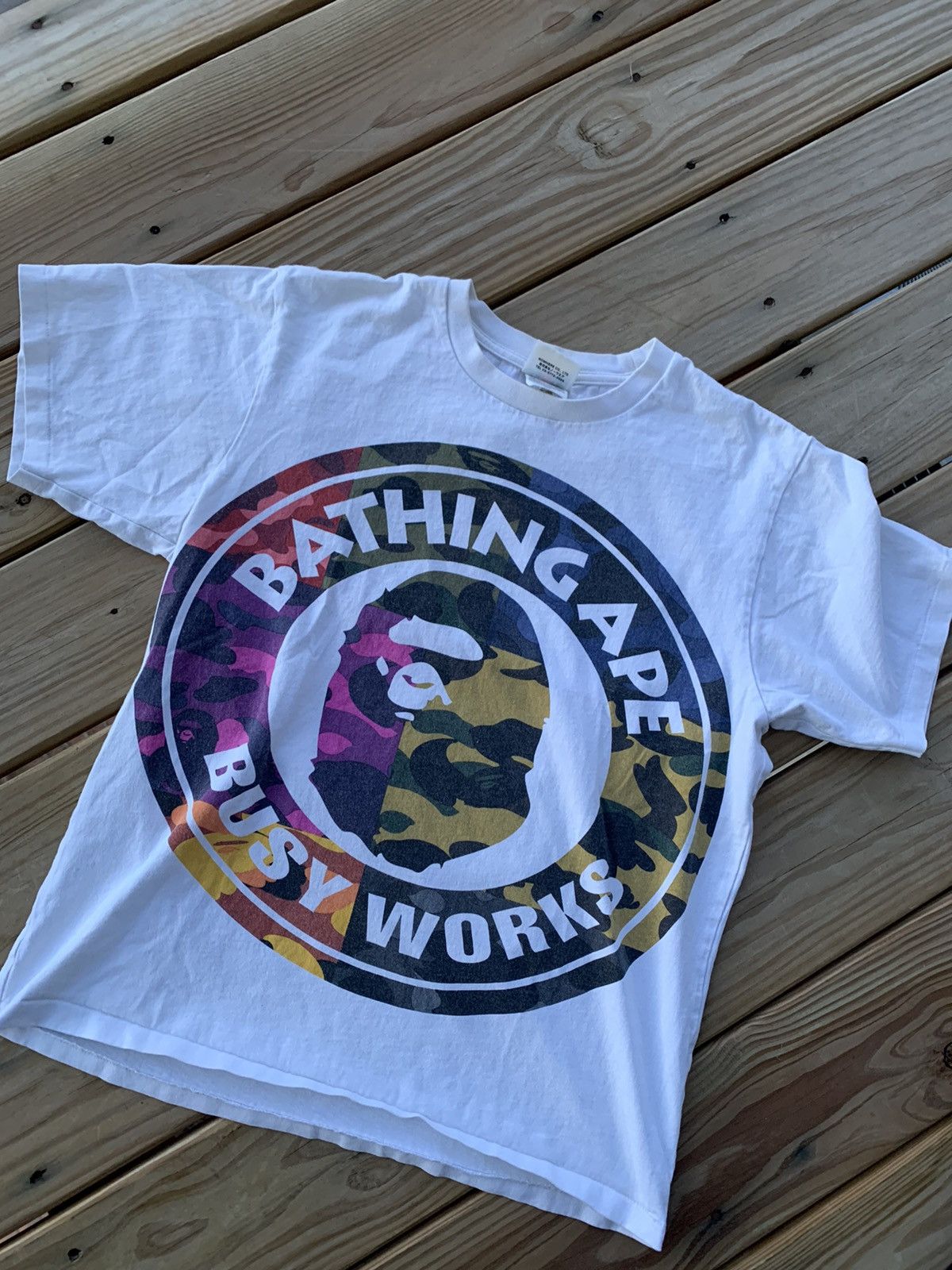Bape Multi colored logo bape tee white | Grailed