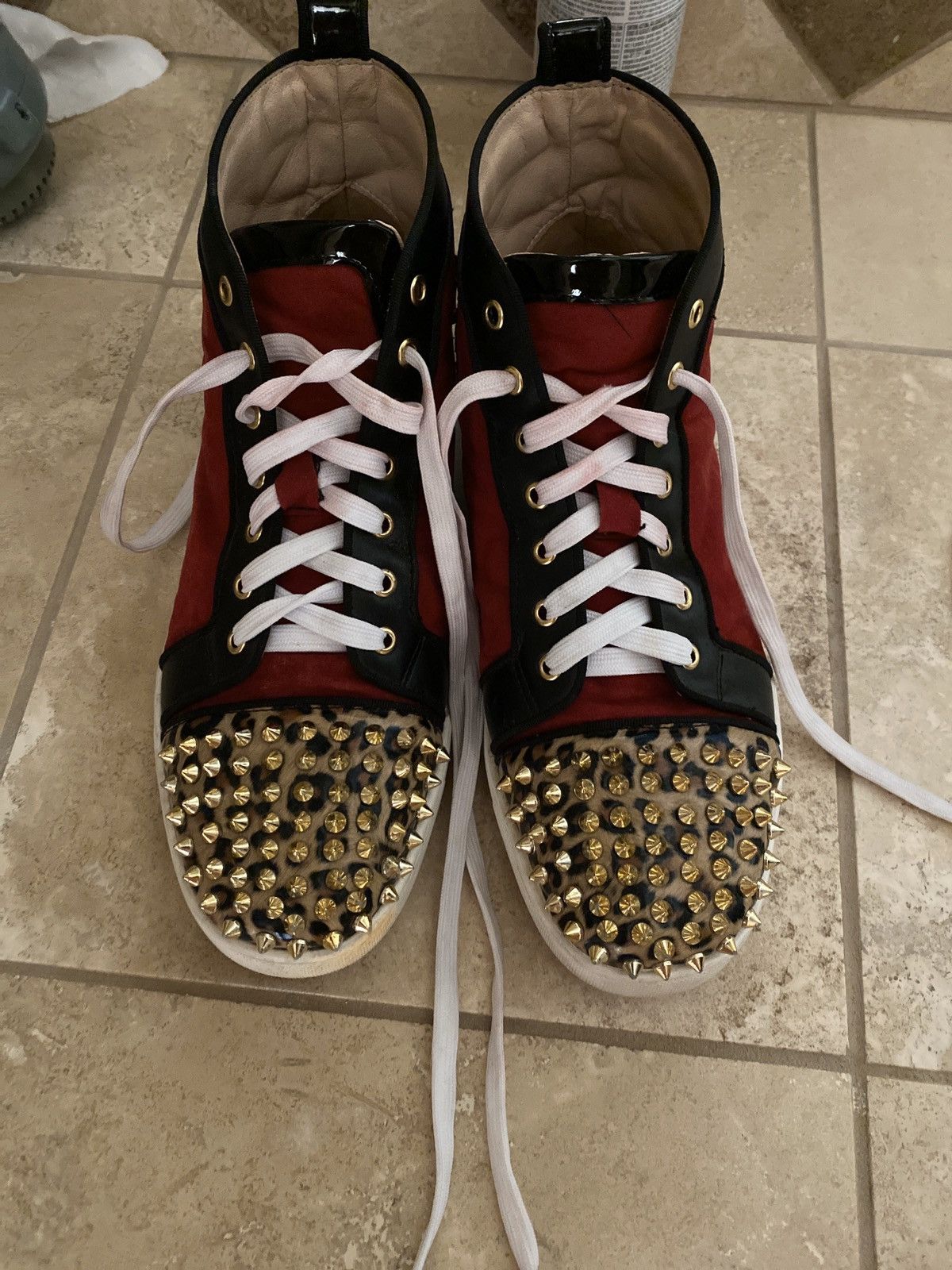 Christian Louboutin Christian Louboutin Red suede cheetah print spikes ...