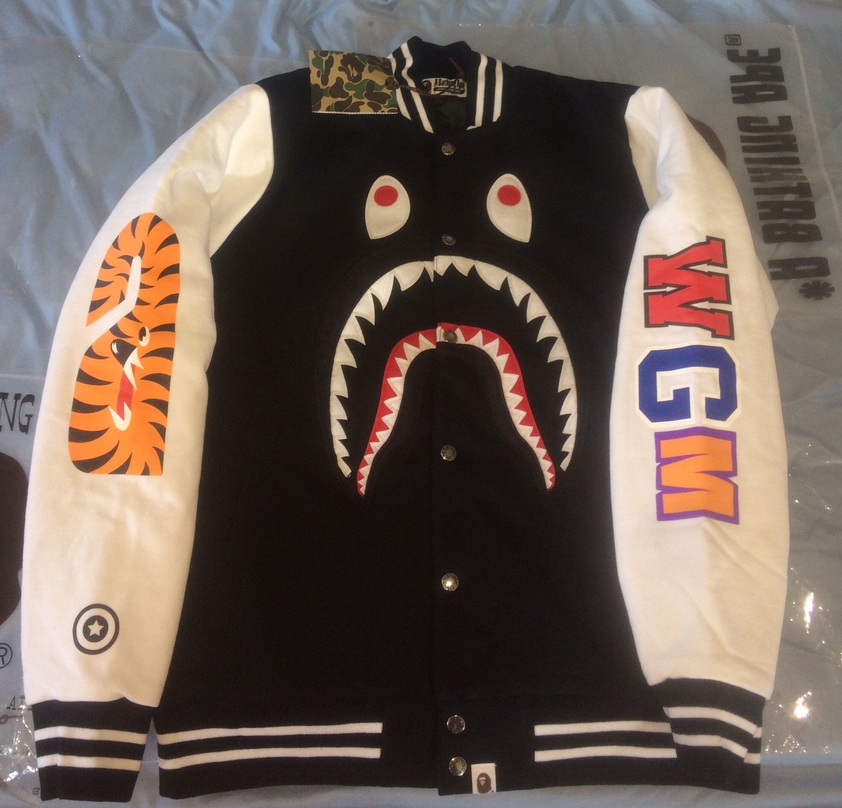 Bape Bape Shark Varsity Jacket | Grailed