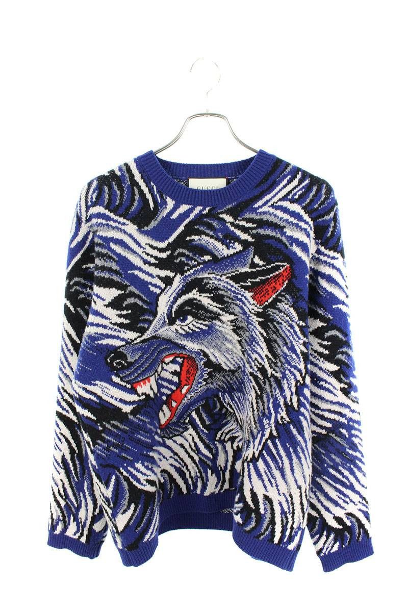 Gucci Wolf Intarsia 'Guccy' Knitted Blue Wool Sweater | Grailed
