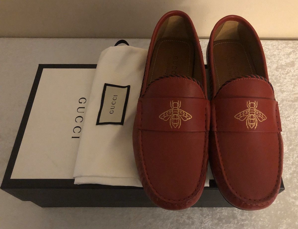 Gucci New In Box Gucci Kanye Red Leather Bee Detailed Drivers | Grailed