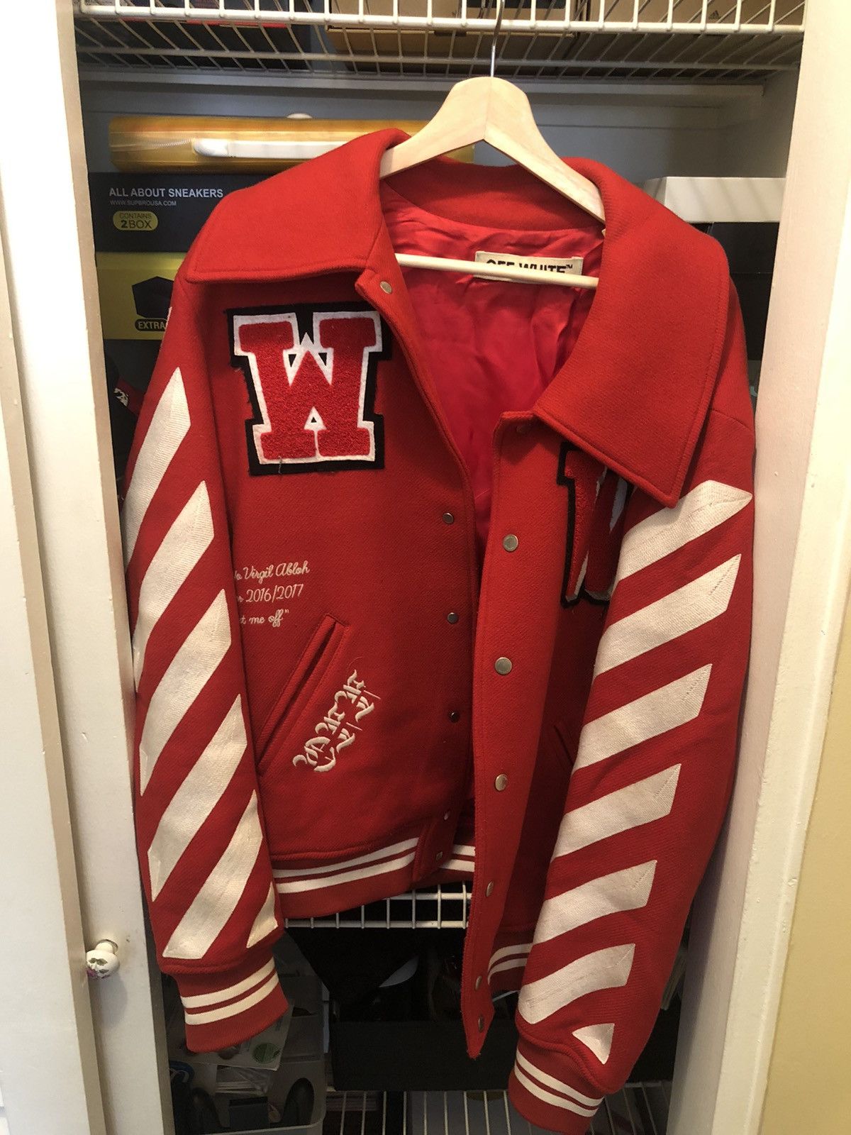 Off-White Off white OG varsity jacket Red and white. Justin Bieber ...