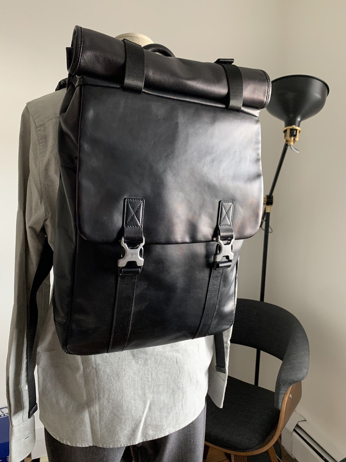 ONS × Onassis Black leather roll top commuter backpack | Grailed