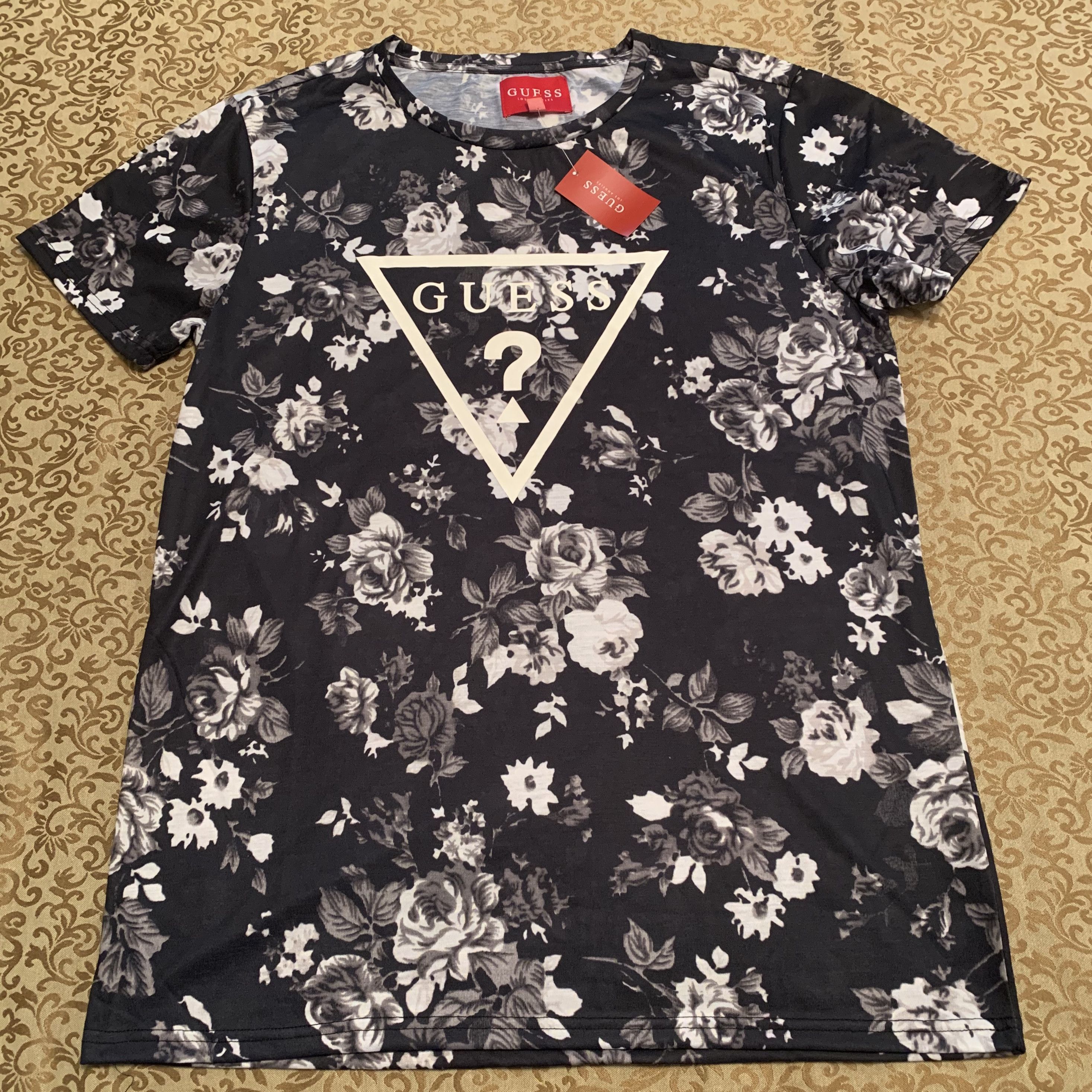 Guess Deadstock Guess Logo Black and White Roses Tee | Grailed