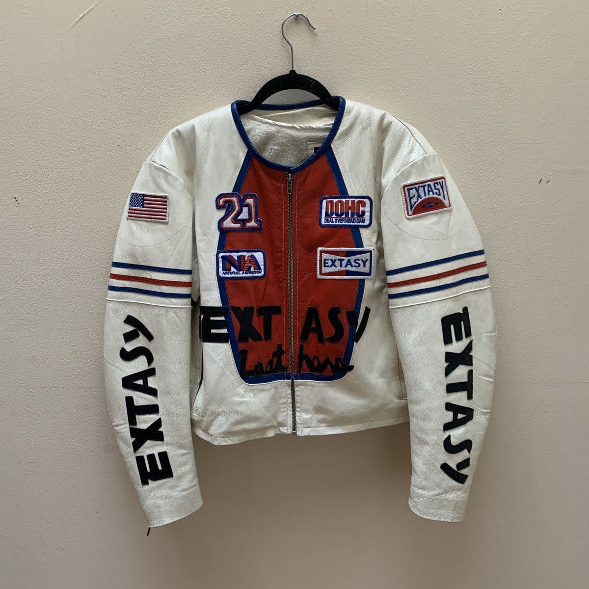 Vintage Extasy Leather Racing leather Jacket, White red blue star | Grailed