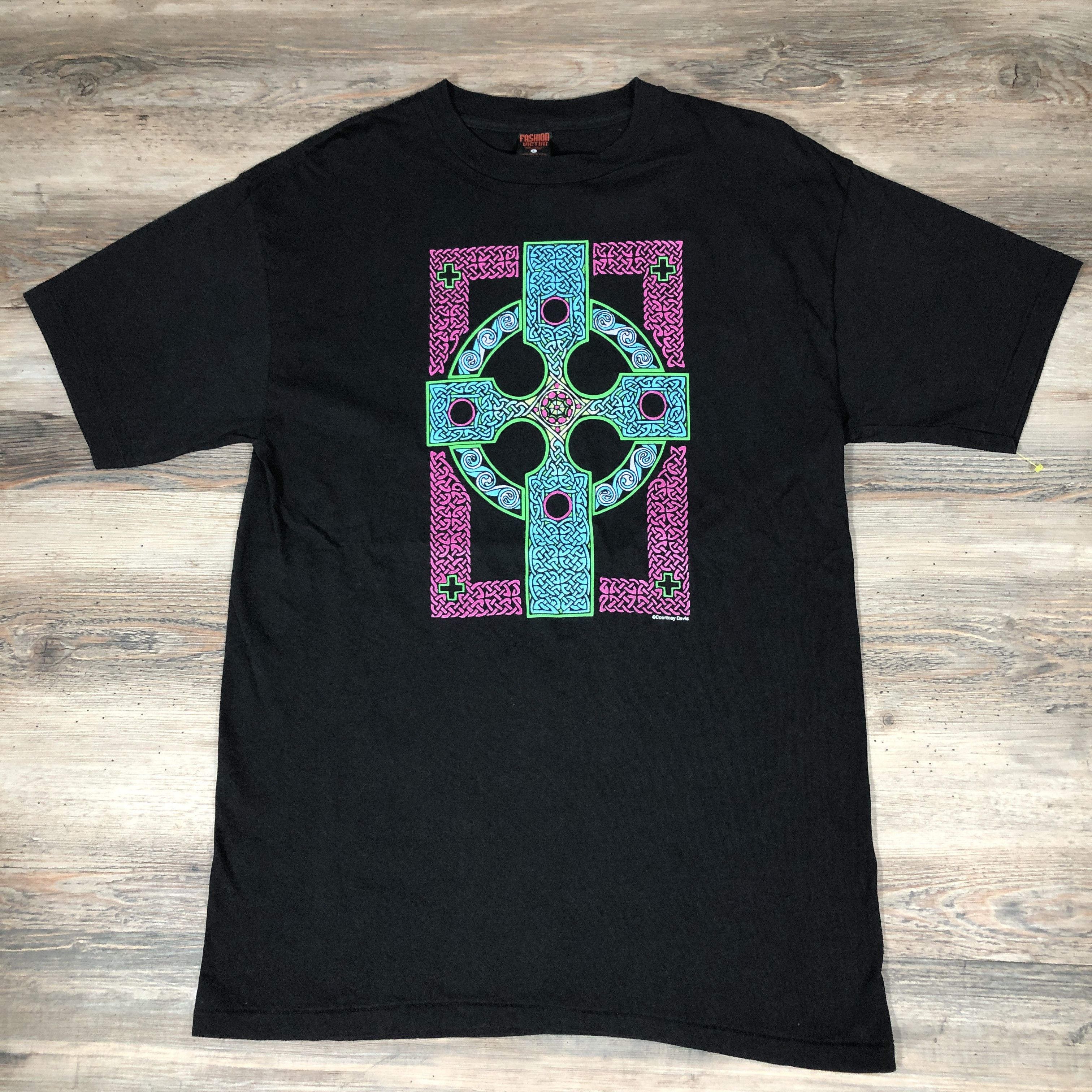 Vintage 90s Vintage NEON CELTIC CROSS Black Metal Rave Tee | Grailed