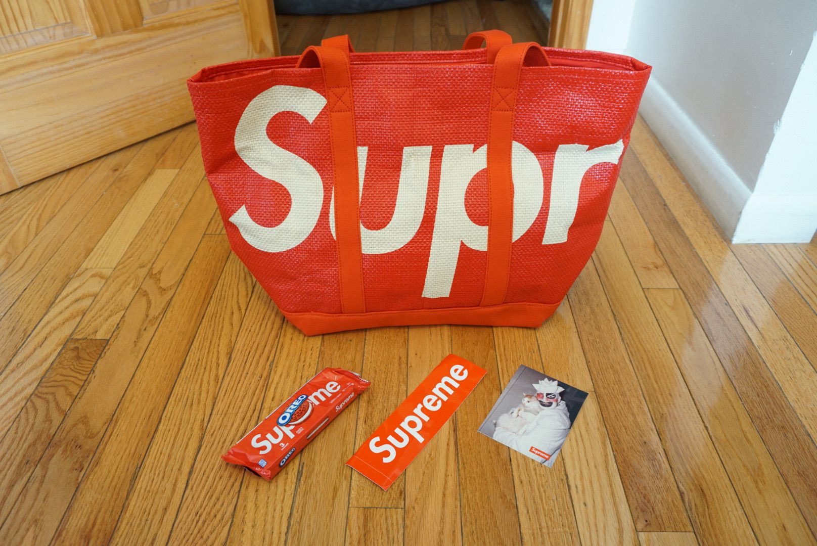 Supreme Raffia Tote Red SS20 + Oreos/Sticker Pack | Grailed