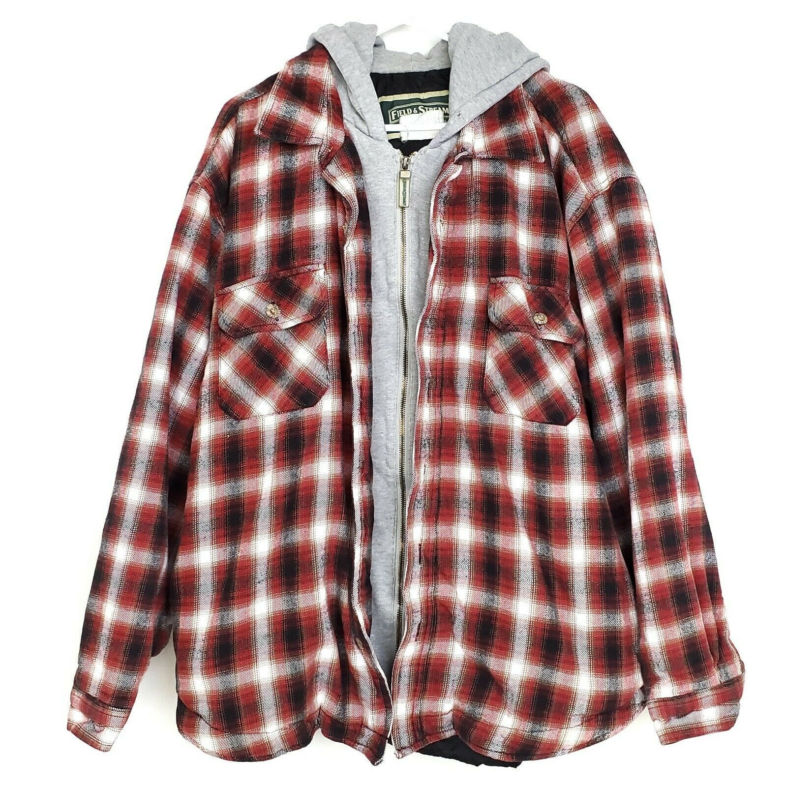 Field And Stream Field & Stream Jacket Burgundy Plaid Flannel Hood ...