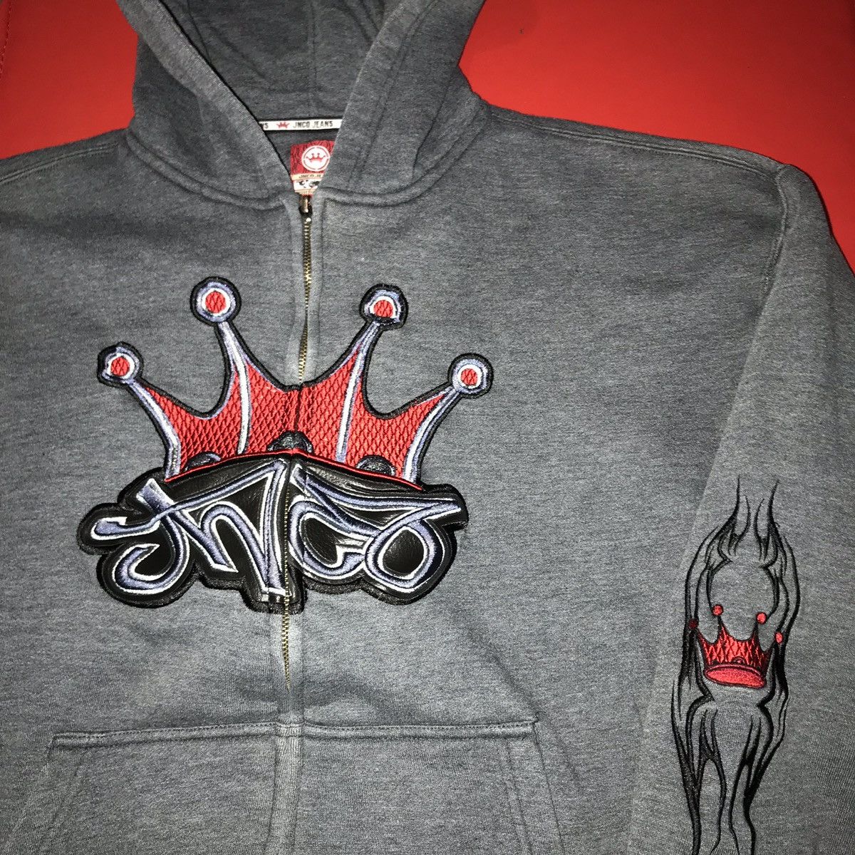 Vintage Leather Patch JNCO Zip Up Hoodie | Grailed