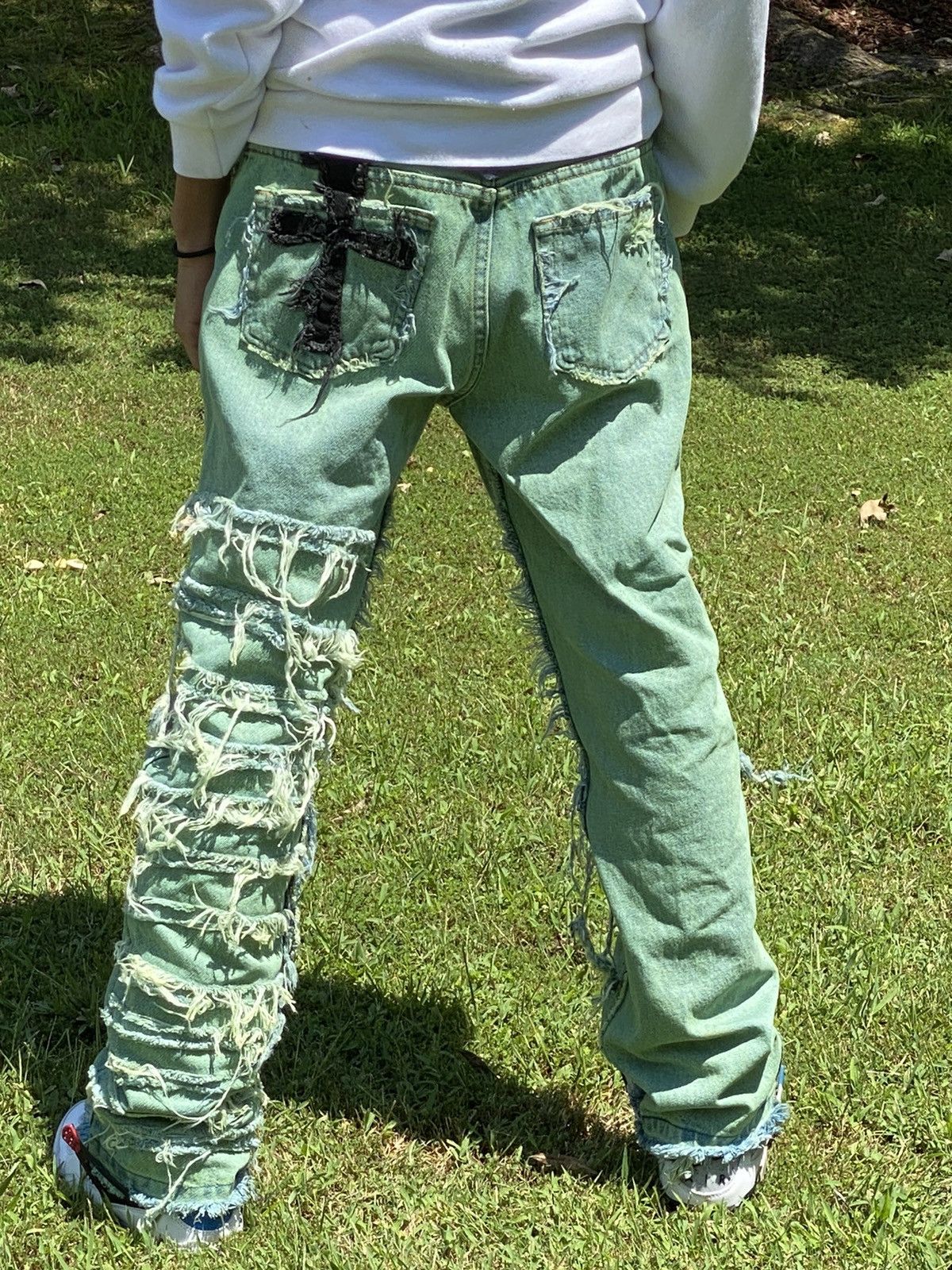 Japanese Brand Slime Green Distressed Jeans | Grailed