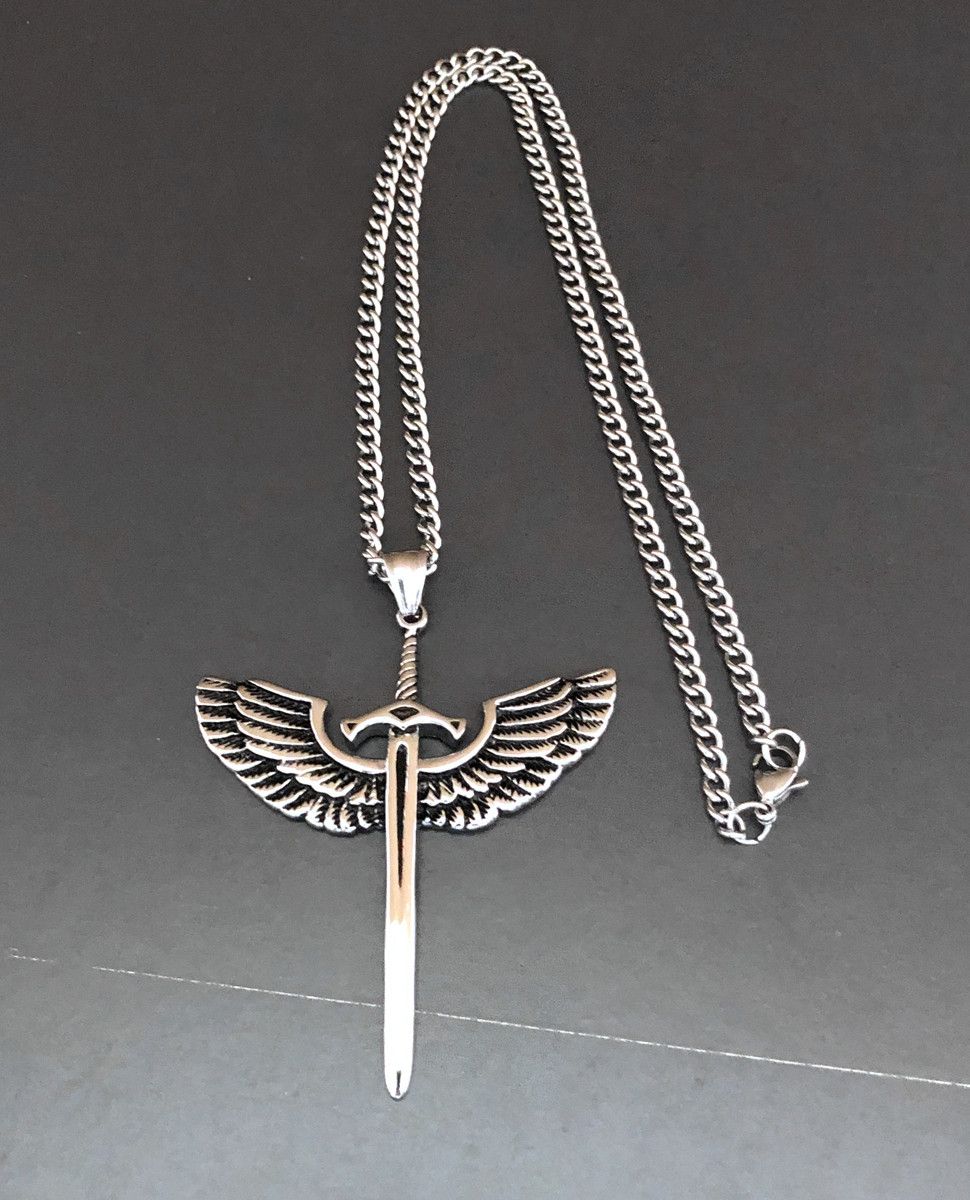 Jewelry × Vintage Stainless Steel Angel Wings Sword Necklace 20" Curb ...