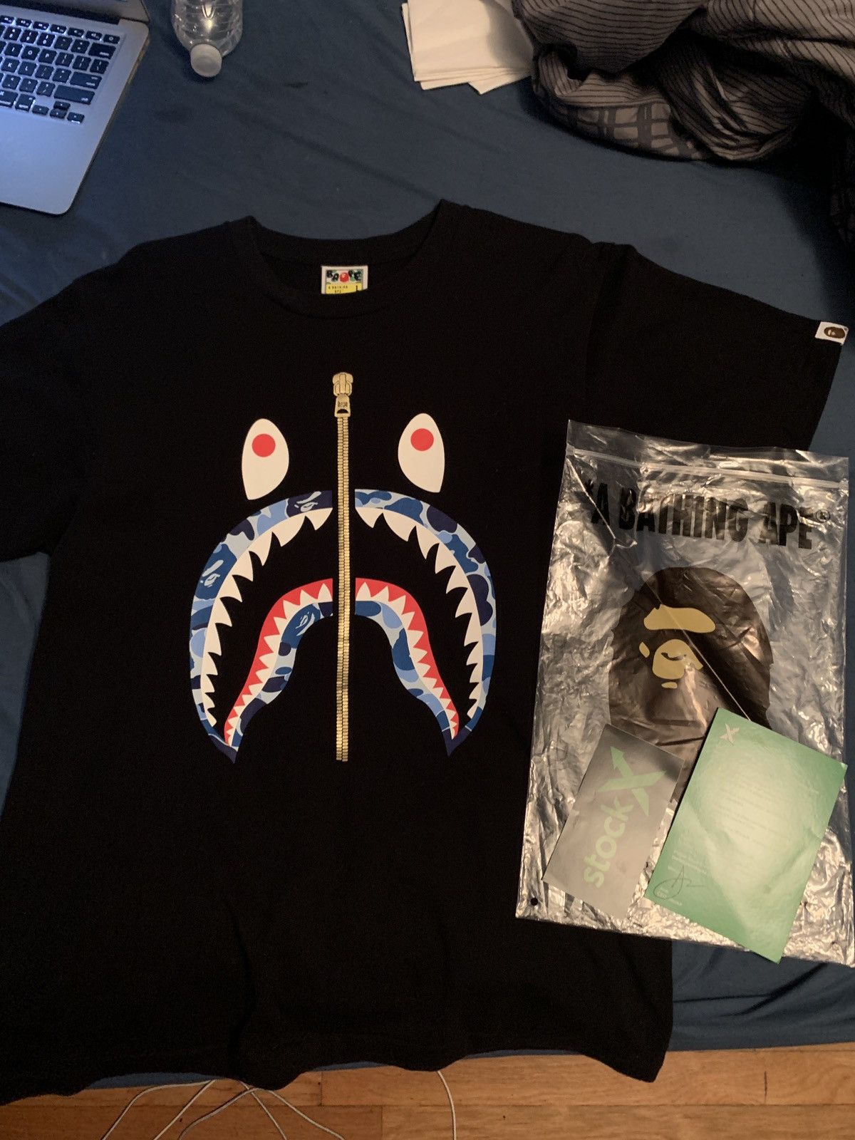Bape BAPE ABC Gold Zip Shark Tee black/blue | Grailed