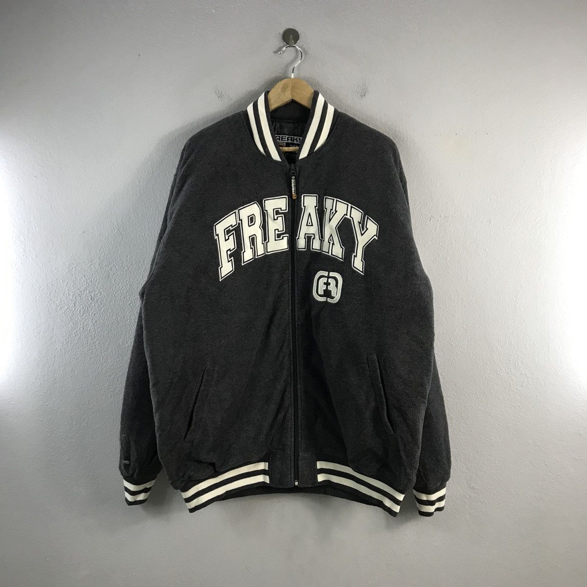 Varsity Jacket × Vintage Freaky massive spell out bomber varsity style ...