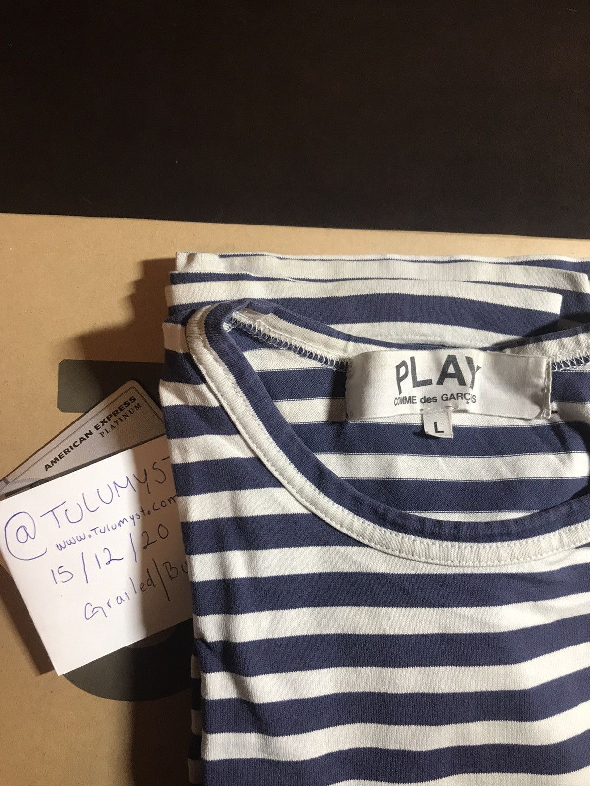 Comme des Garcons cdg stripe tee navy blue / white | Grailed