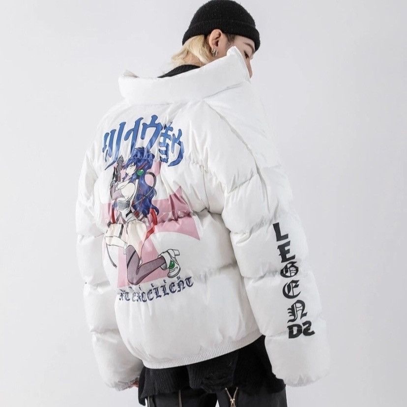 Vintage Anime Graphic Cross White Puffer Bubble Winter Jacket | Grailed