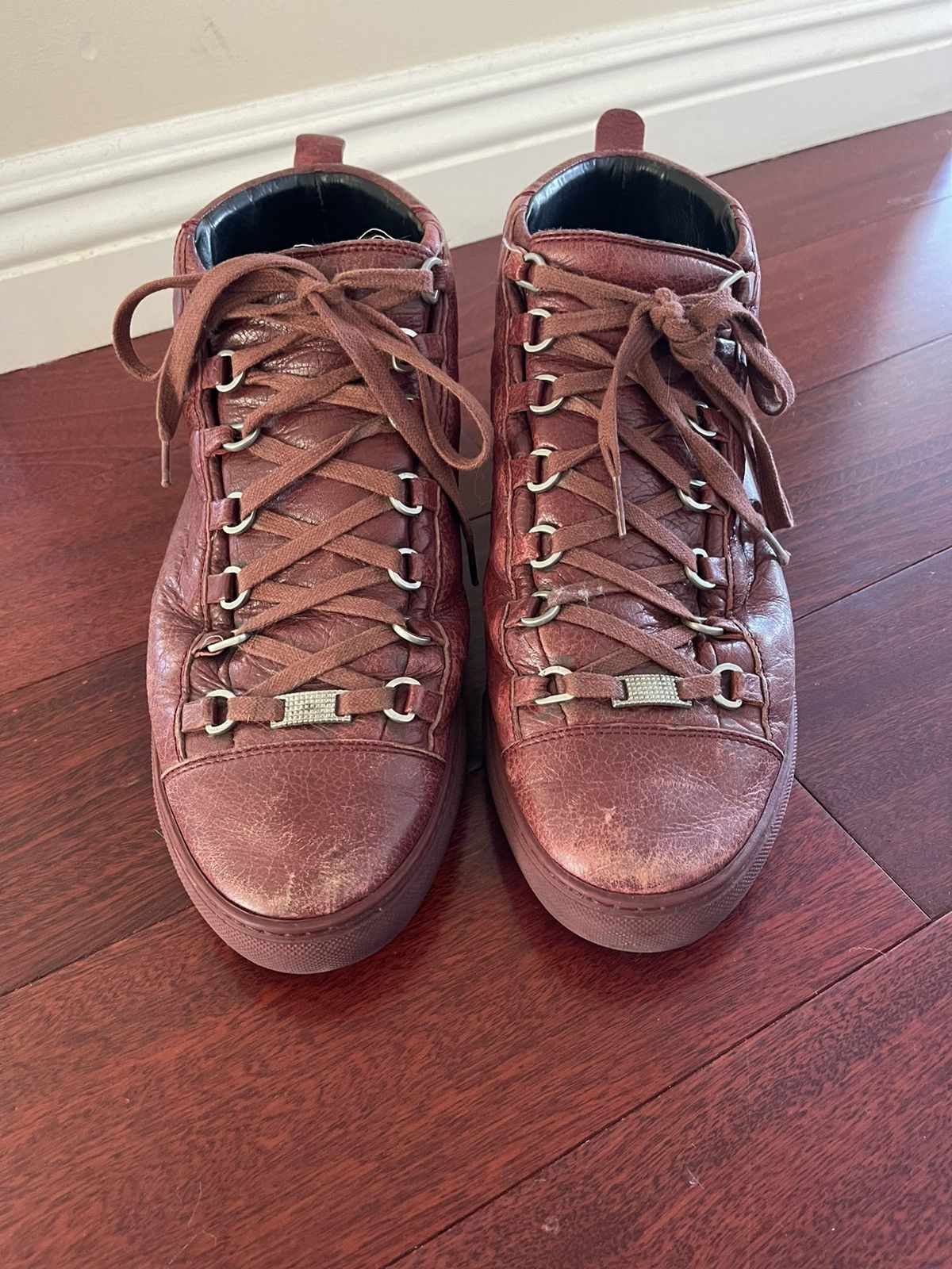 Balenciaga Balenciaga Arena High Maroon Leather Sneakers | Grailed