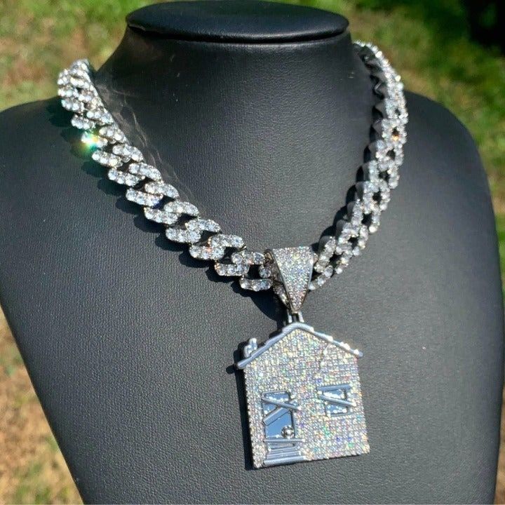 Streetwear Trap House Pendant + Cuban Chain White Gold Iced | Grailed