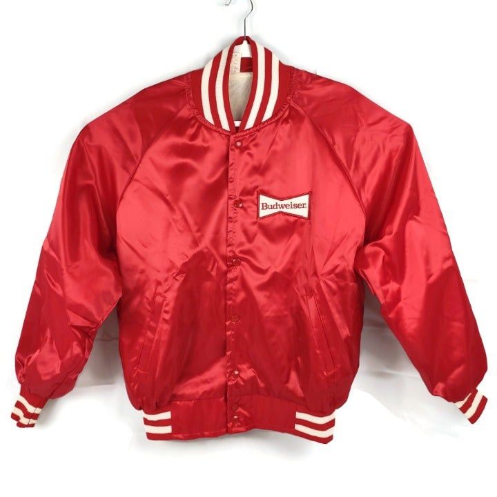 Budweiser Vintage 1980s Budweiser Satin Bomber Red Jacket XXL | Grailed