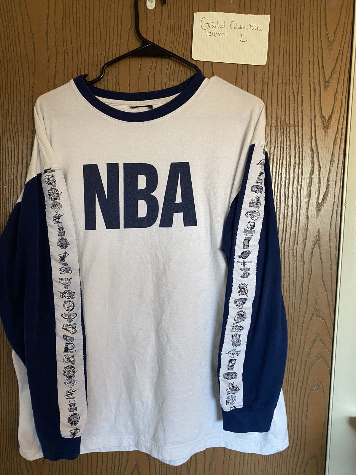 Vintage NBA Team Ribbon sleeve shirt with logos! Blue and White | Grailed
