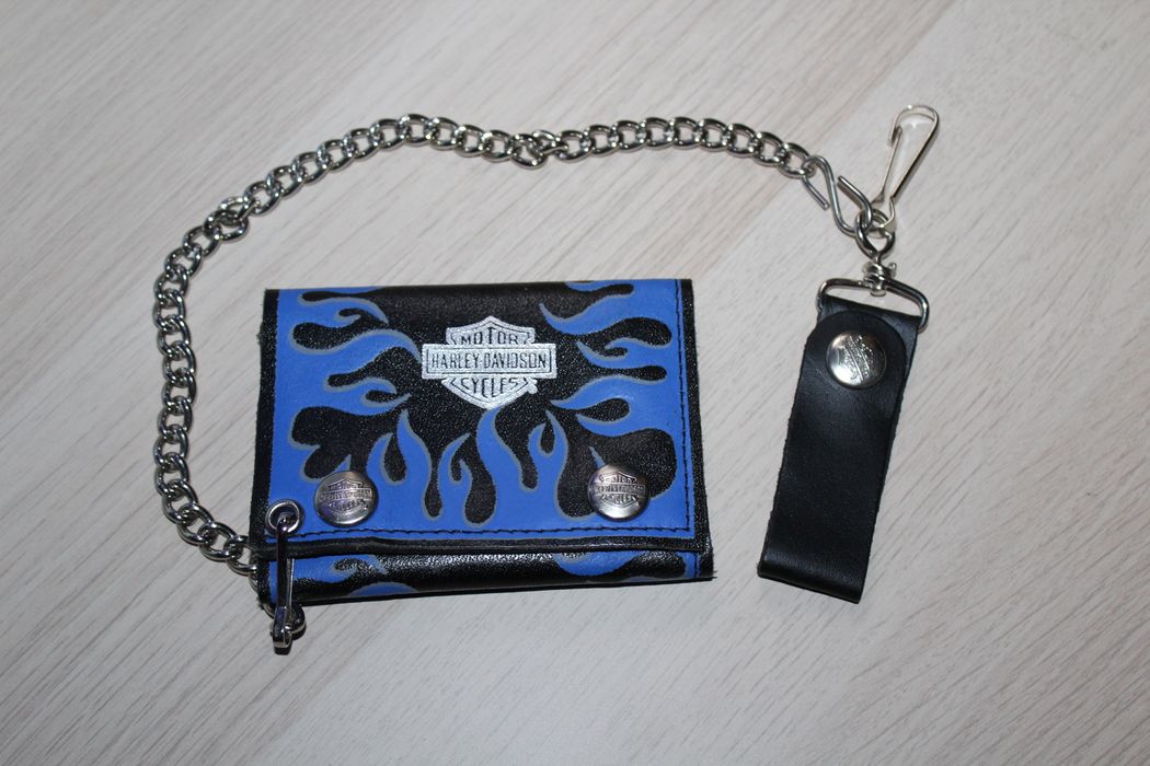 Vintage Harley Davidson Blue Flames Leather Metal Chain Wallet | Grailed