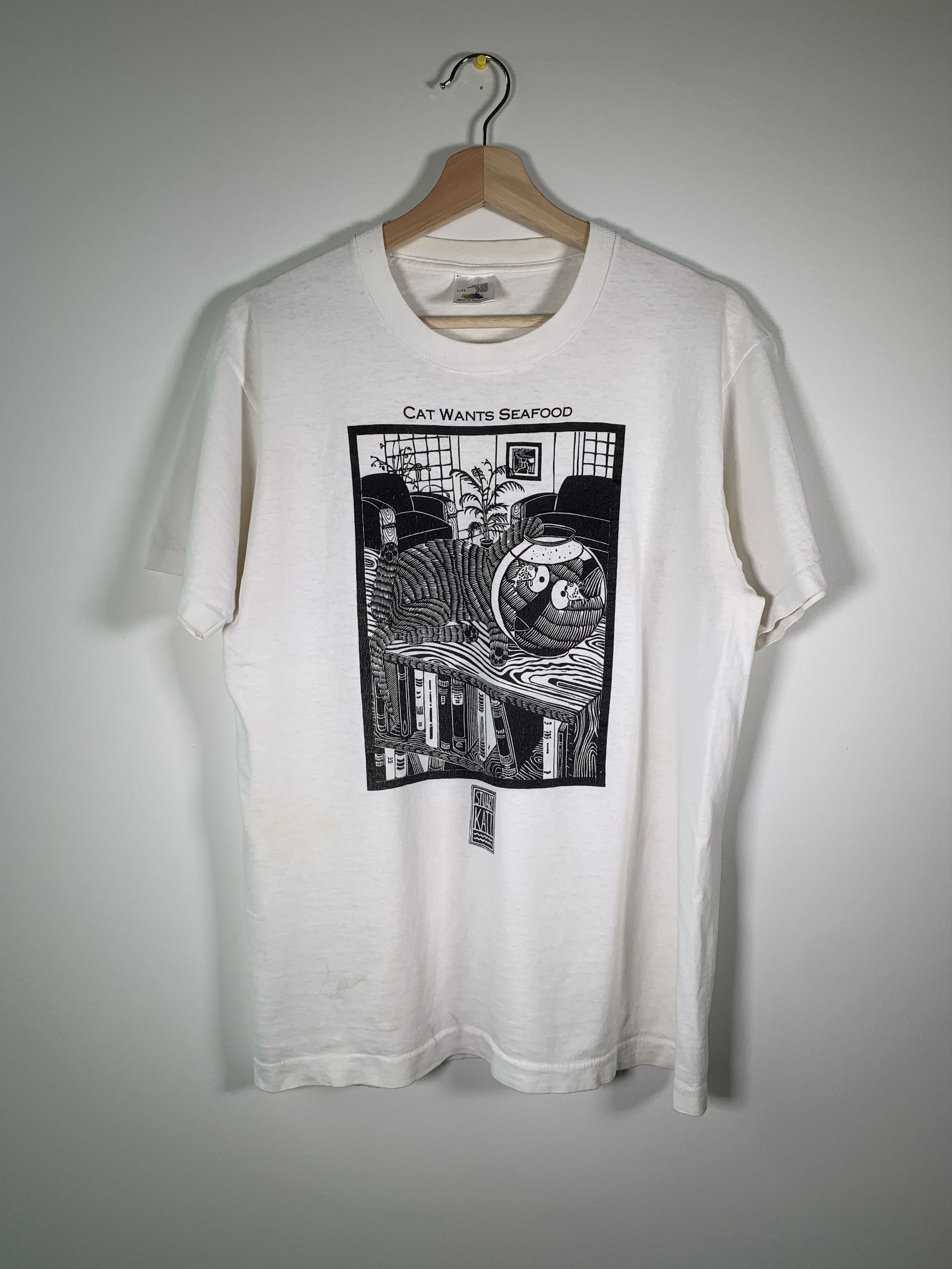 Vintage Vintage 90s Stuart Katt cat wants seafood art T Shirt | Grailed