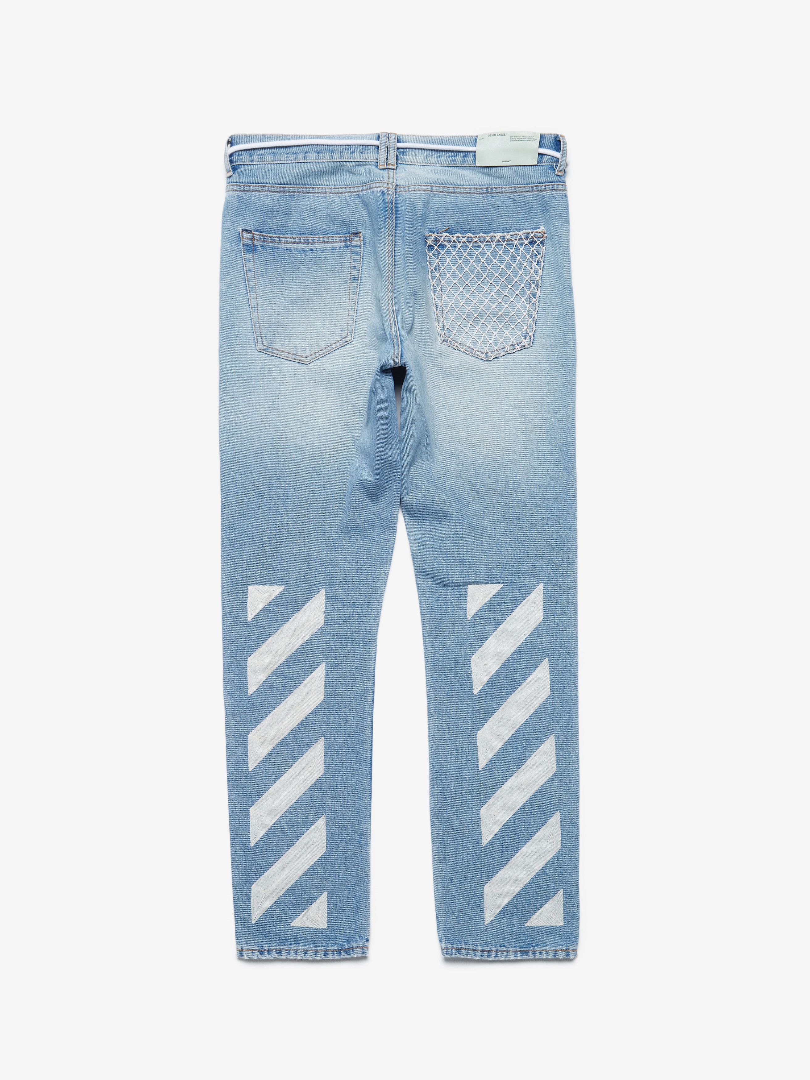 Off-White Tail Laced Back Side Stripe Embroidered Washed Blue Jeans ...