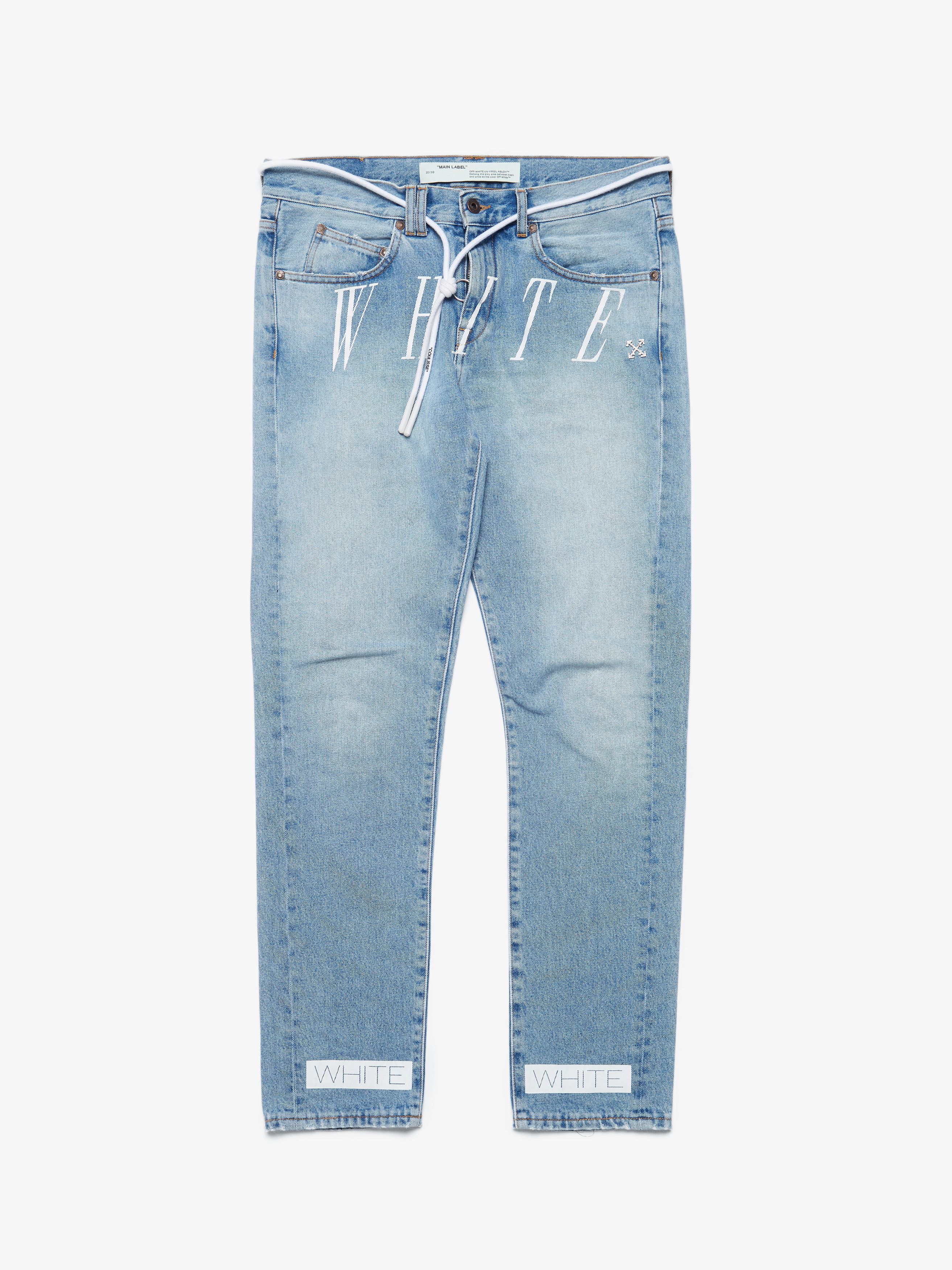 Off-White Tail Laced Back Side Stripe Embroidered Washed Blue Jeans ...