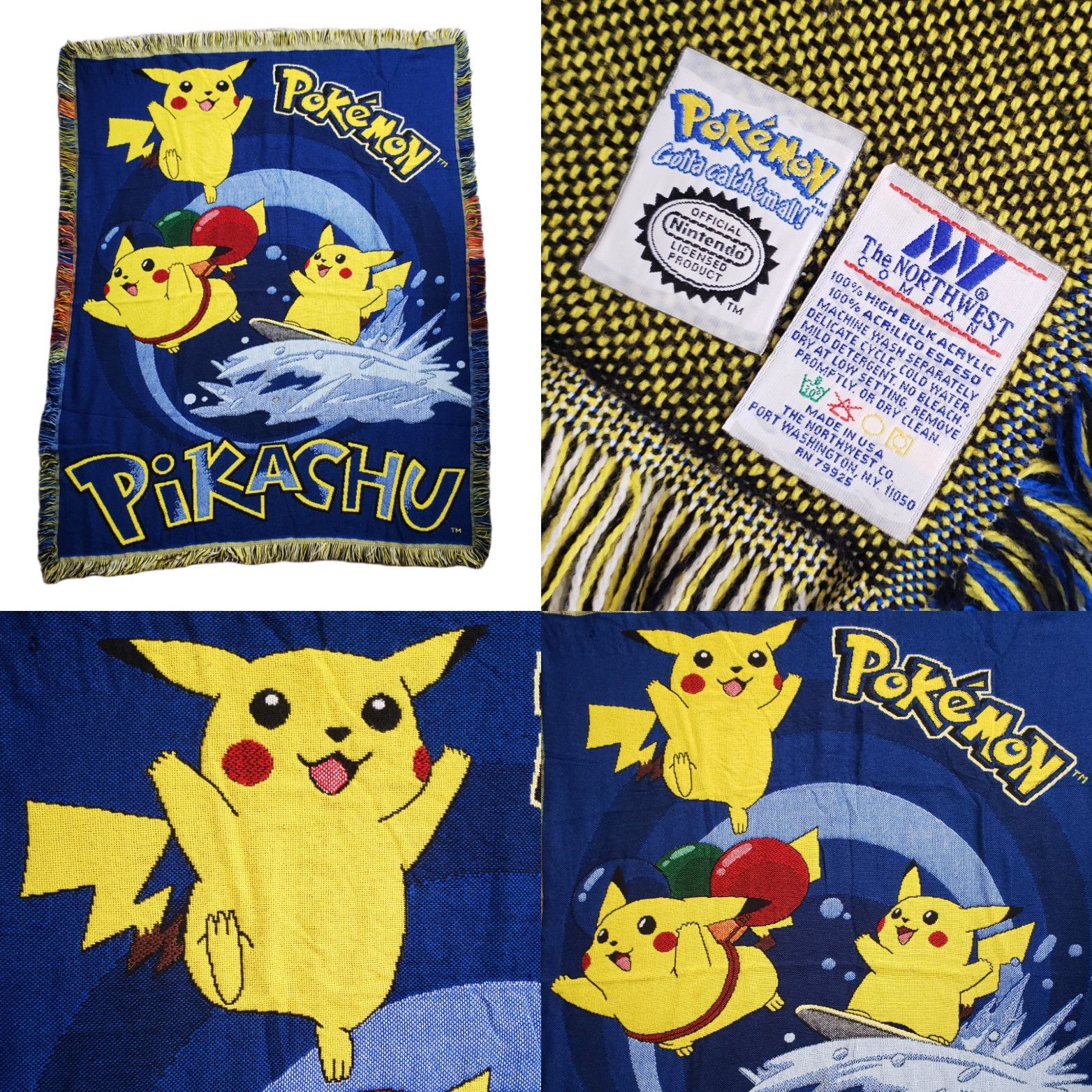 Vintage VTG 90s Pokémon Pikachu Throw Blanket Tapestry Woven Fringe ...