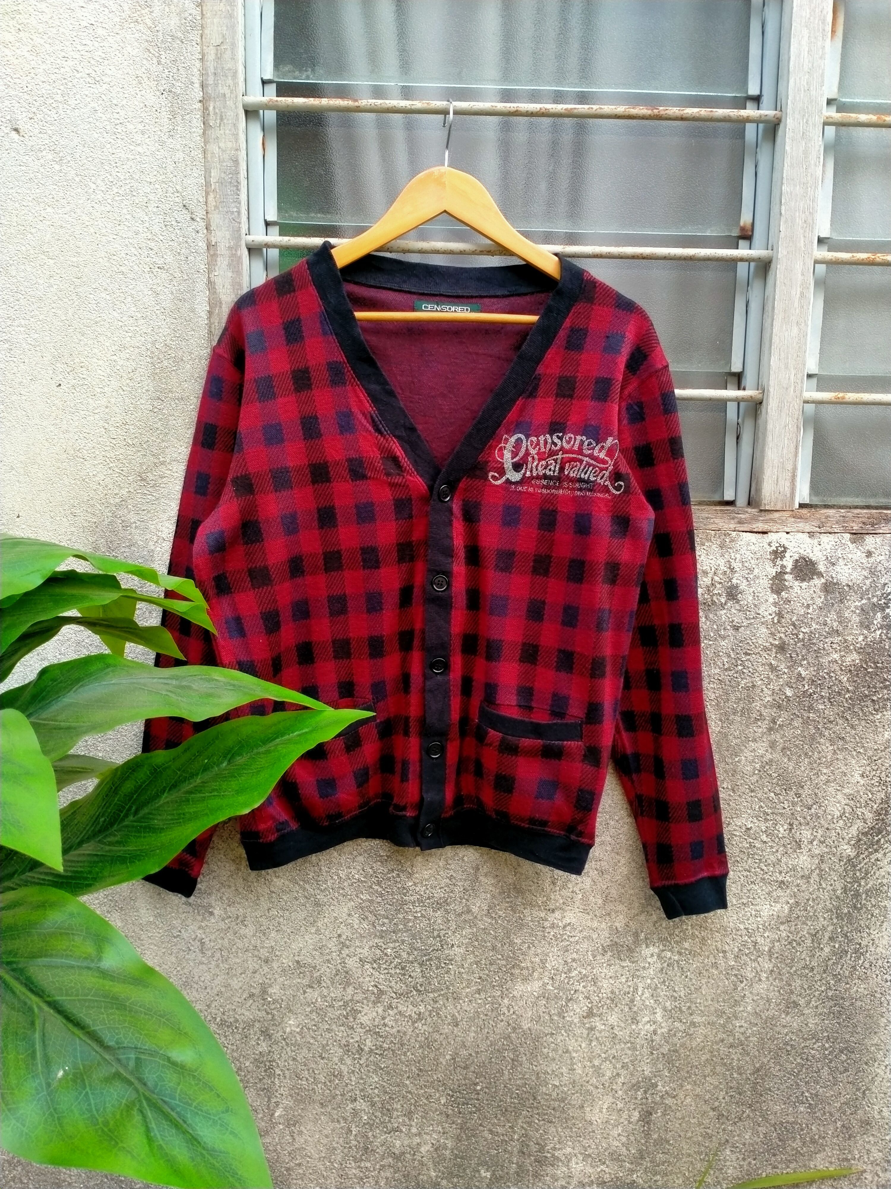 Japanese Brand × Vintage Censored Cardigan Red Tartan Punk Style | Grailed