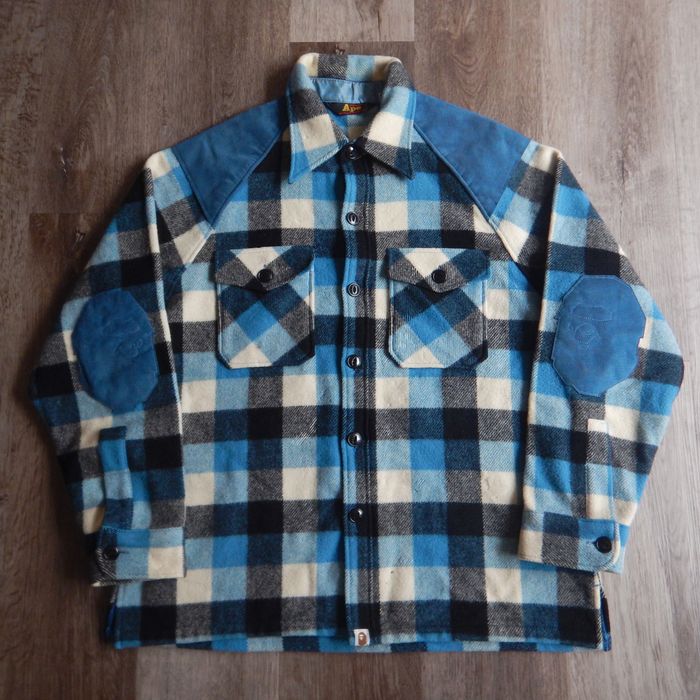 Bape Early 2000s Bape Blue/White Elbow Ape Head Patch Flannel | Grailed