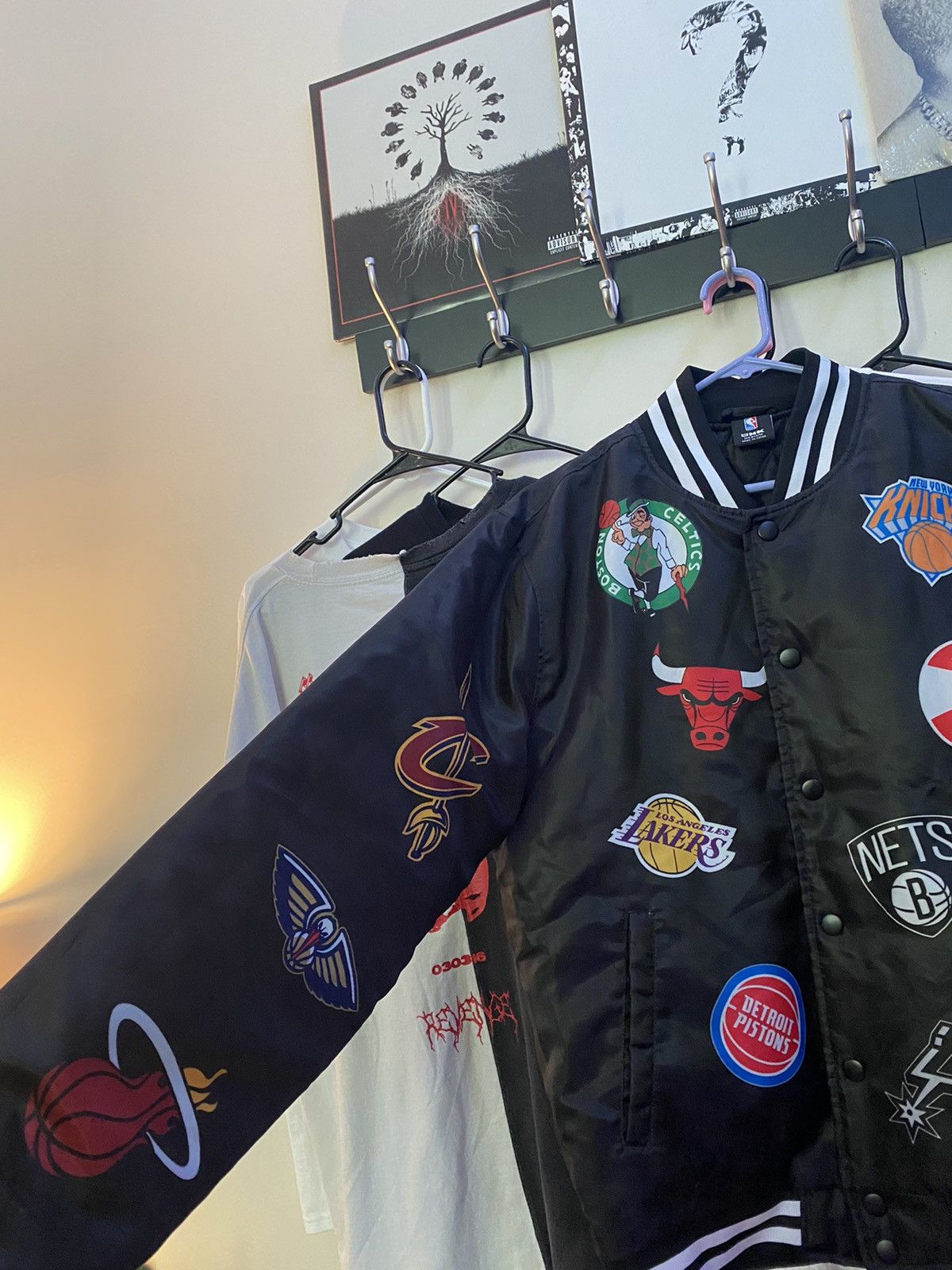 NBA NBA UNK Black All Team Logos All Over Varsity Bomber Jacket | Grailed