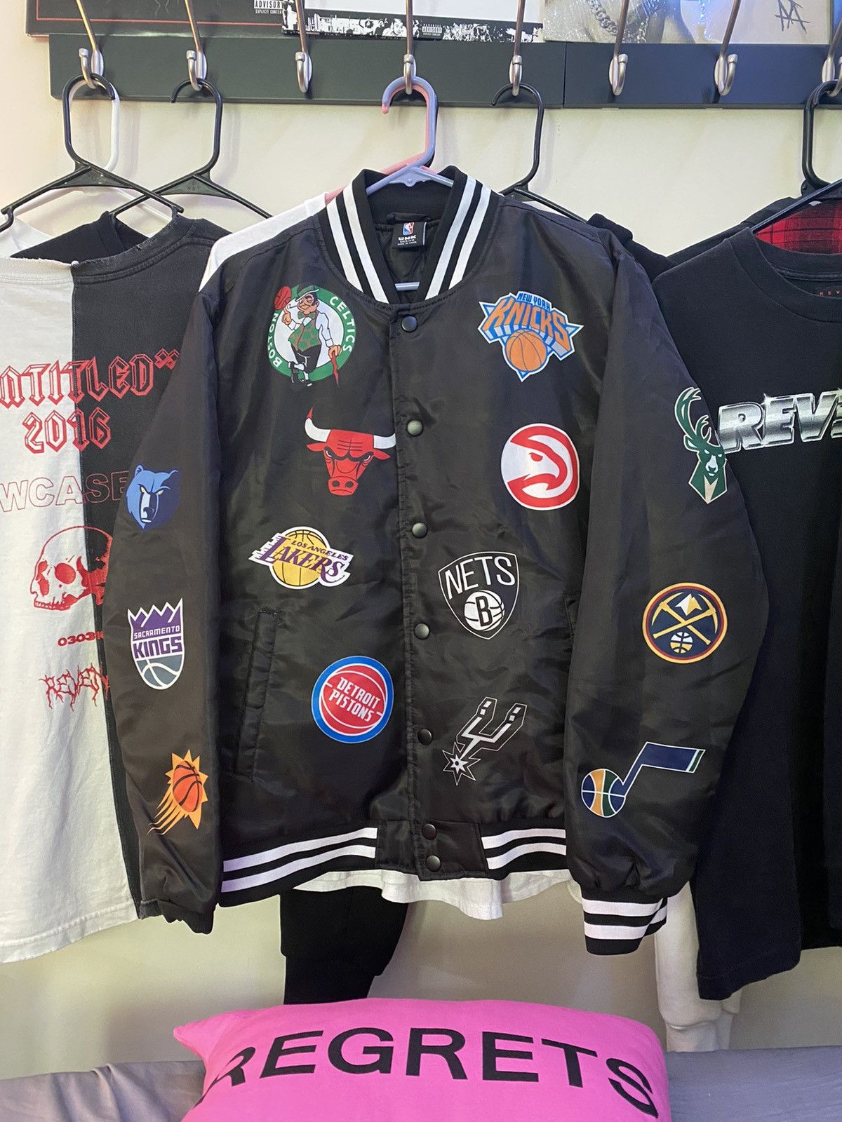 NBA NBA UNK Black All Team Logos All Over Varsity Bomber Jacket | Grailed