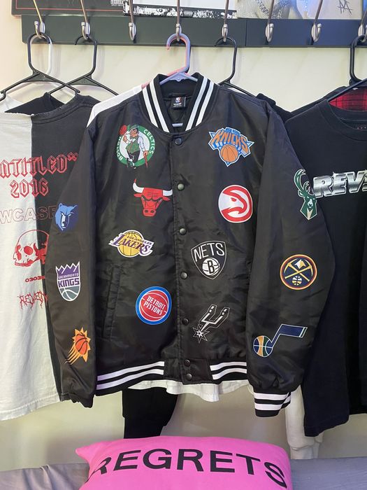 NBA NBA UNK Black All Team Logos All Over Varsity Bomber Jacket | Grailed