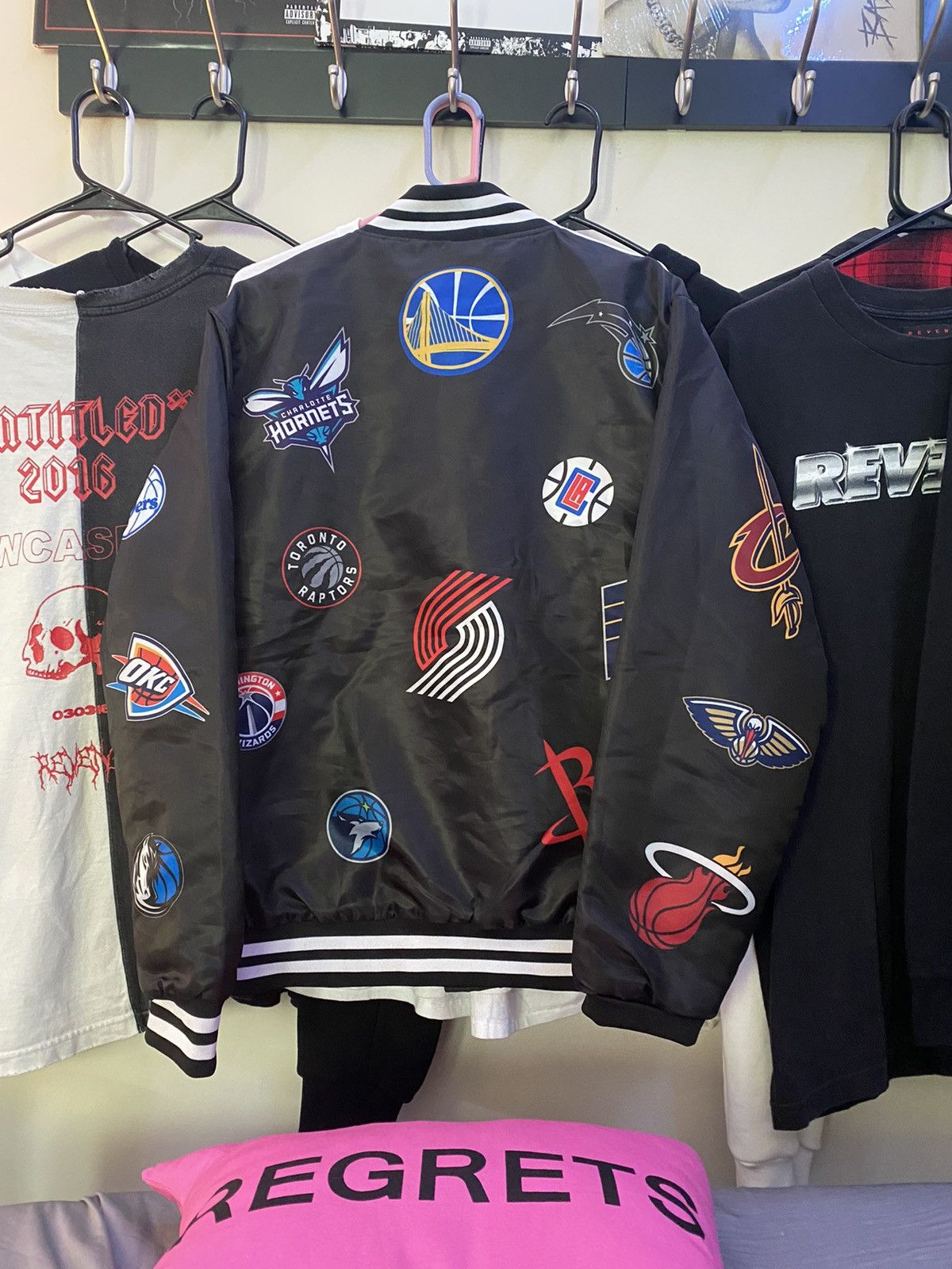 NBA NBA UNK Black All Team Logos All Over Varsity Bomber Jacket | Grailed