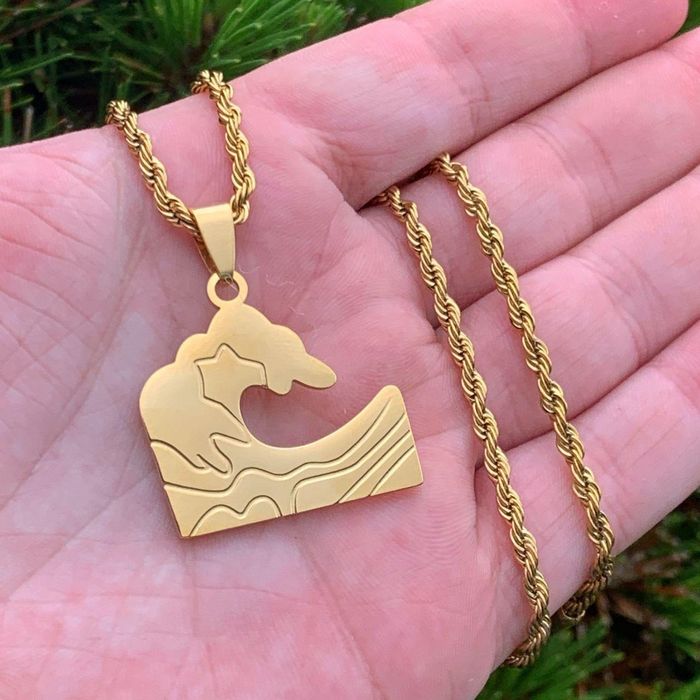 Streetwear Golden Great Wave Pendant | Rope Chain Cuban Chain Figaro ...