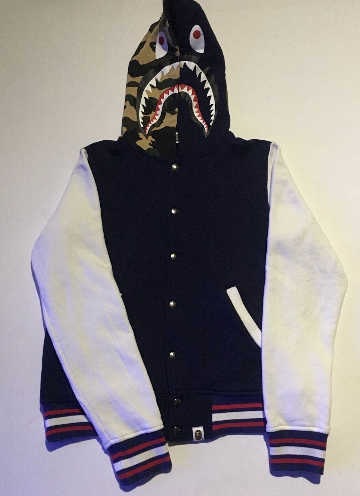Bape Bape camo shark hoodie varsity jacket | Grailed