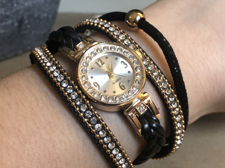 Vintage Black leather double strap watch with beads and stones | Grailed
