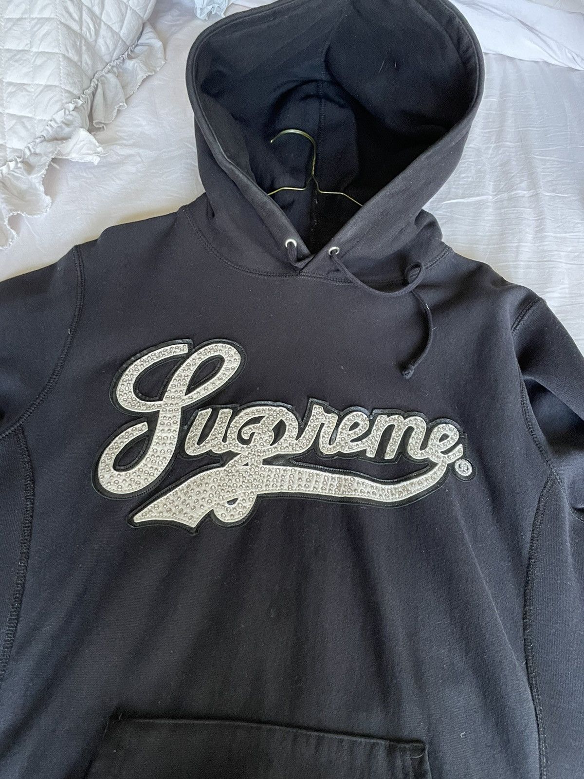 Supreme Studded Leather Script Hoodie | Grailed