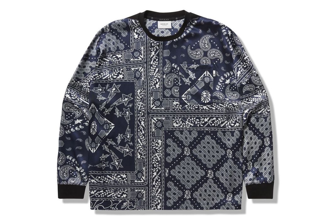 Bape BAPE BLACK SILK WOVEN PAISLEY LONG SLEEVE TEE NAVY | Grailed