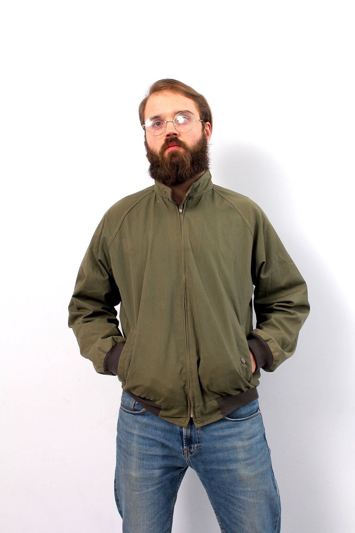 Other 80s Olive Green Basic Zip Bomber Jacket M | Grailed