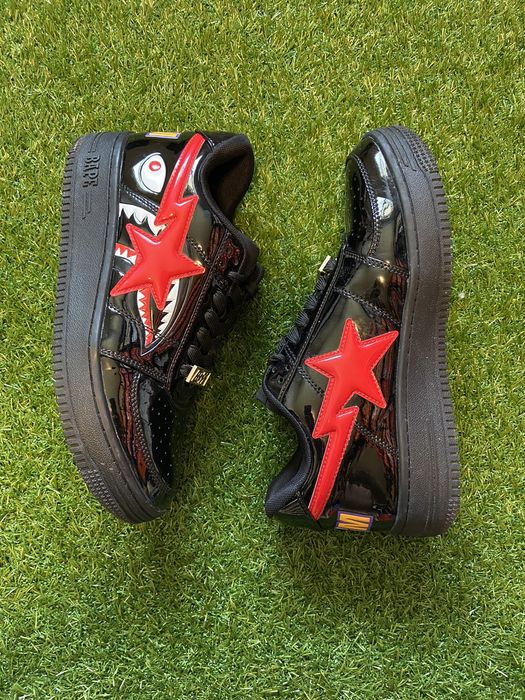 Bape Bape Bapesta Low Shark Face WGM Black Patent Leather Red | Grailed