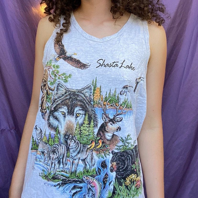 Vintage Vintage 90s Lake Shasta CA Wolf & Wildlife Sleeveless Tshirt ...